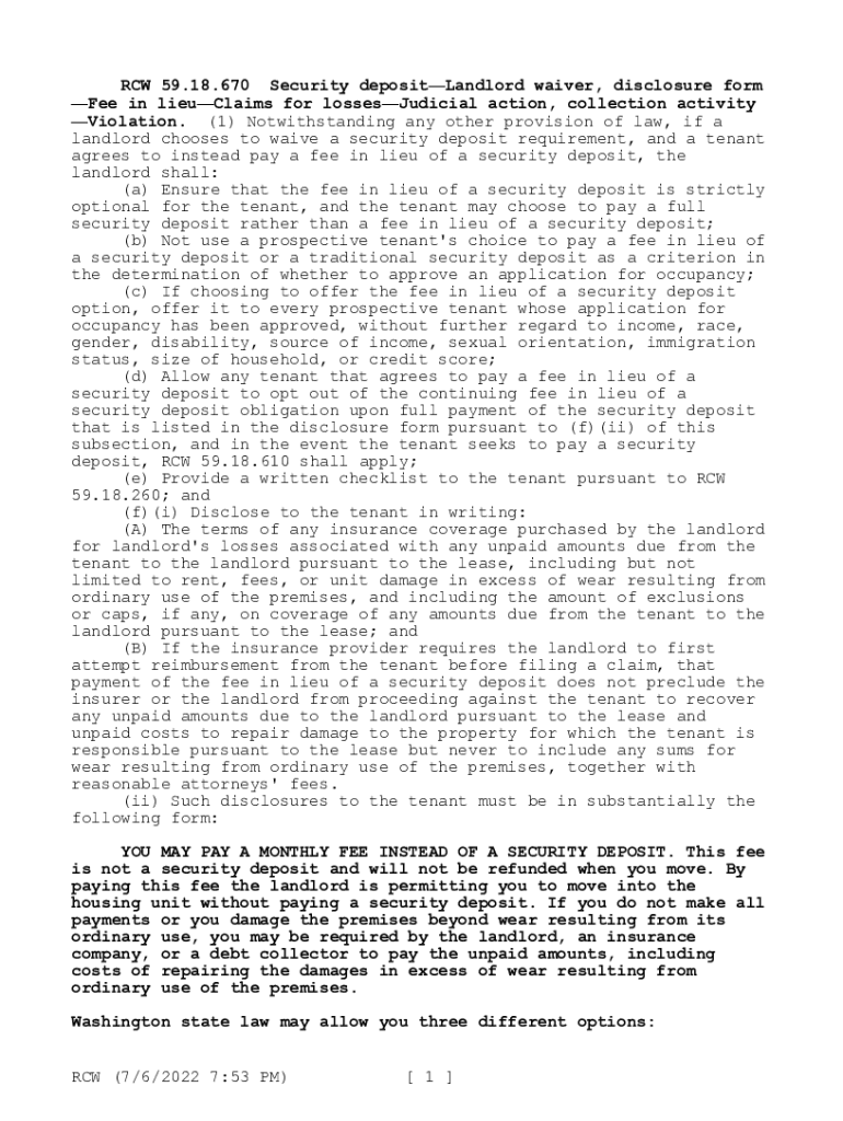 Fillable Online RCW 59.18.670 Security depositLandlord waiver ...