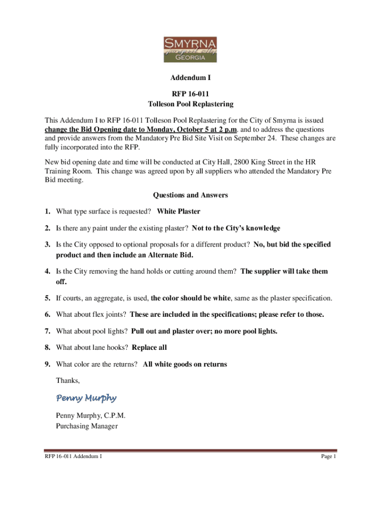 Fillable Online Addendum I RFP 16-011 Tolleson Pool Replastering This ...