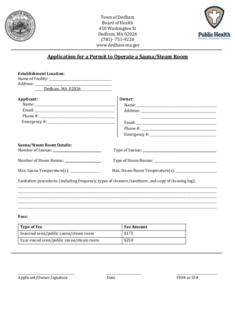 Fillable Online Application for a Permit to Operate a Sauna/Steam Room ...