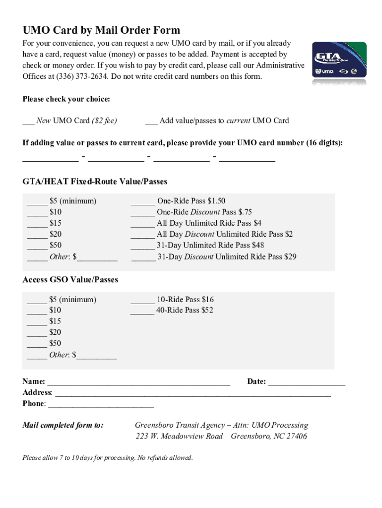 Fillable Online UMO Card by Mail Order Form - - - Fax Email Print ...