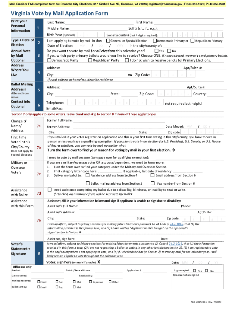 Fillable Online Virginia Vote by Mail Application Form - Roanoke, VA ...