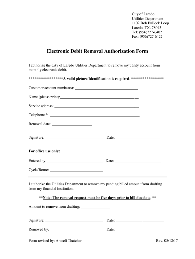 Fillable Online Electronic Debit Removal Authorization Form City of ...
