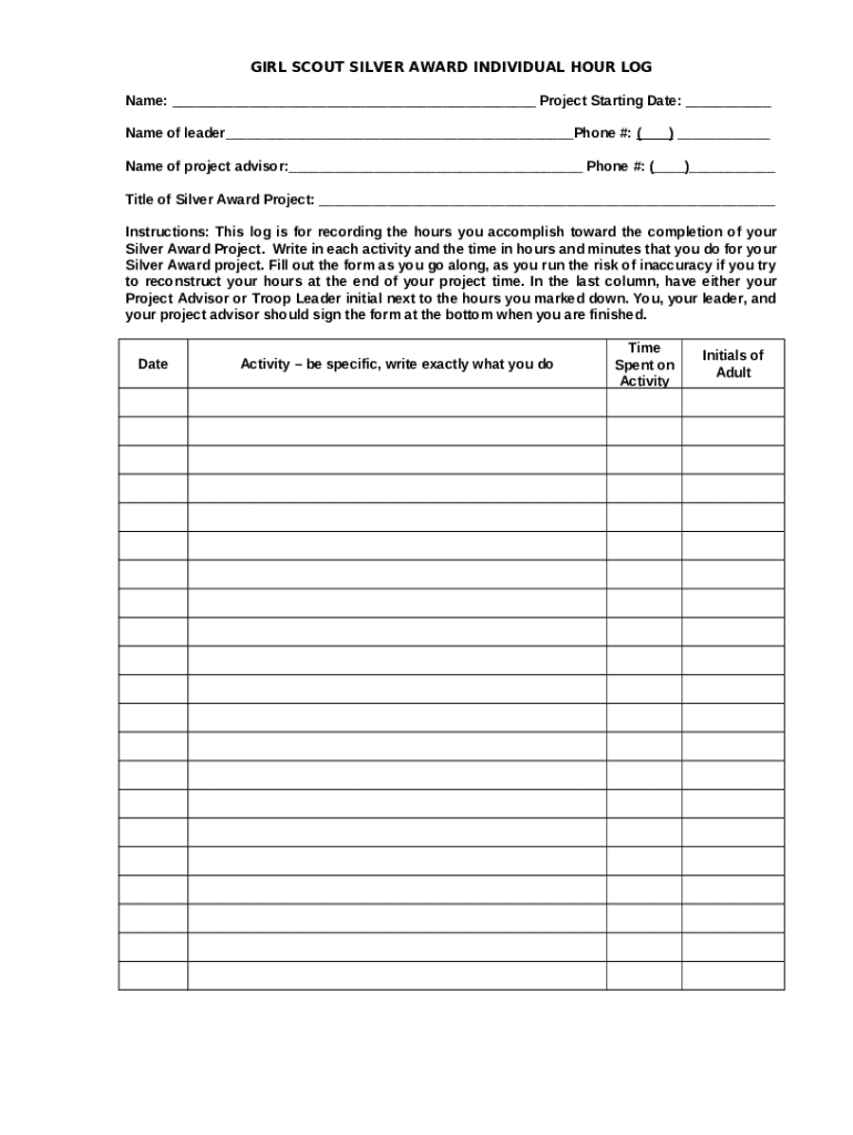 SENIOR GIRL SCOUT GOLD AWARD HOUR LOG Doc Template | pdfFiller