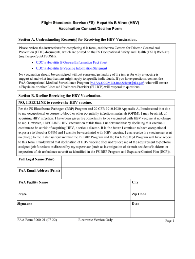 Fillable Online FAA Form 3900-21, FS HBV Vaccination Consent/Decline Form Fax Email Print ...