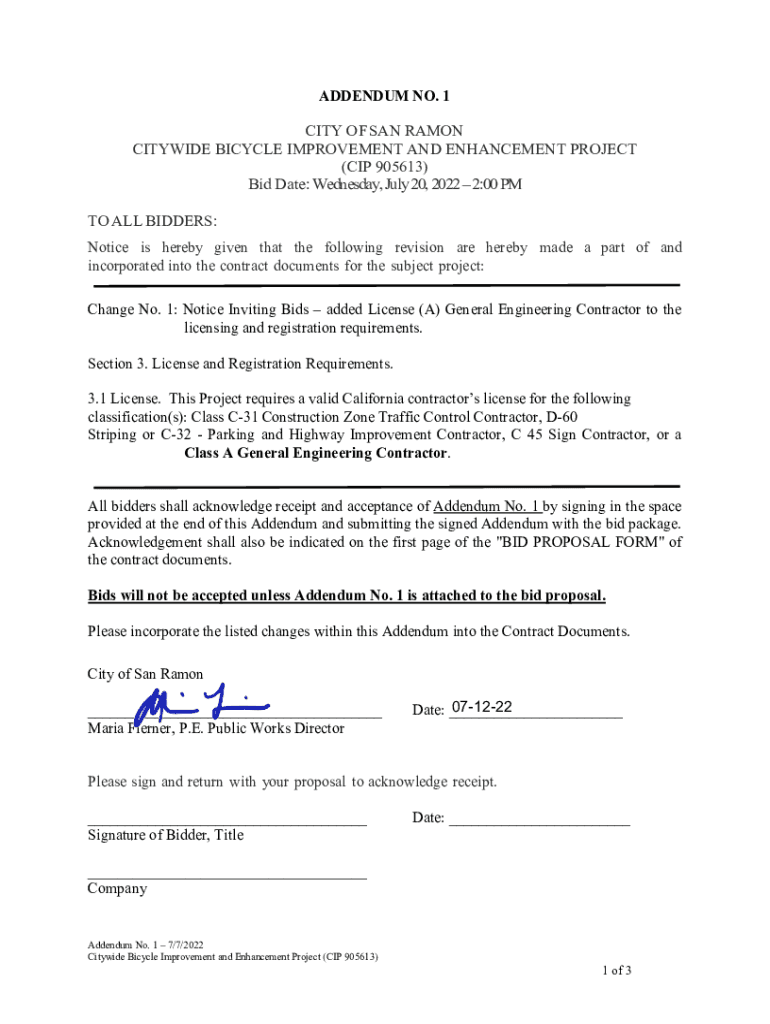 Fillable Online ADDENDUM NO. 1 CITY OF SAN RAMON CITYWIDE BICYCLE ...