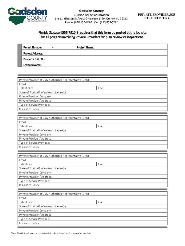 Fillable Online Gadsden County Florida Statute 553.791(4) requires that ...