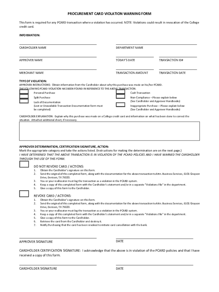 Fillable Online Procurement Card Violation Warning Form Fax Email Print ...