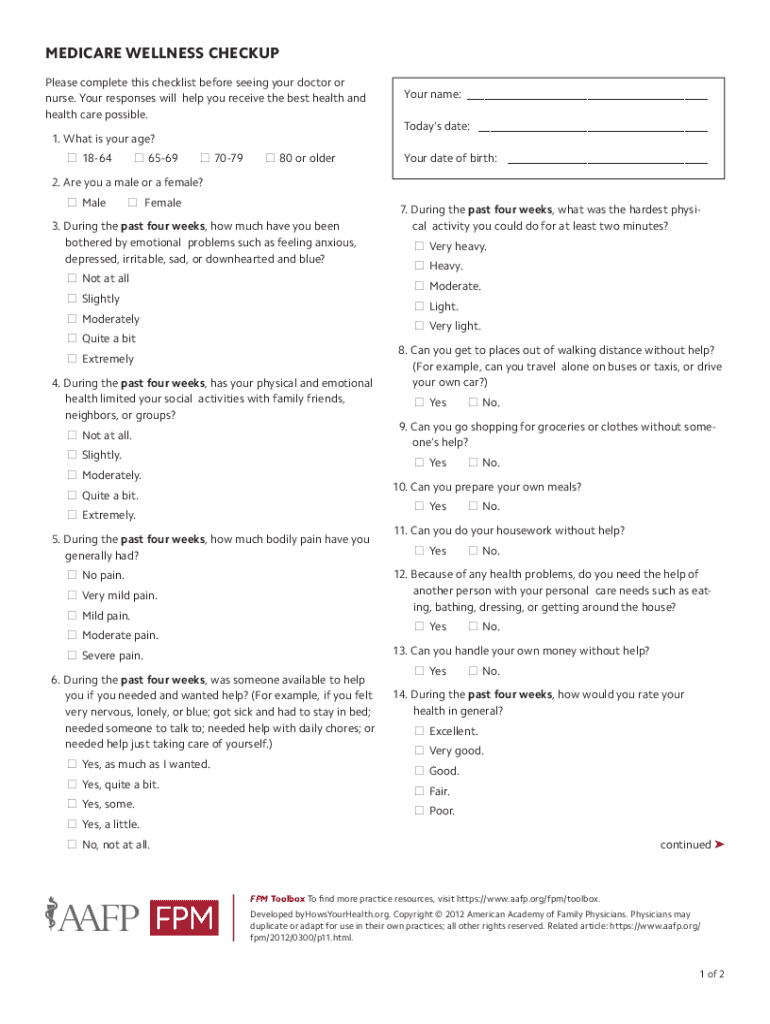Fillable Online Medicare Wellness Checkup Fax Email Print - pdfFiller