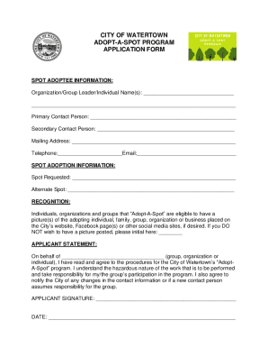 Fillable Online CITY OF WATERTOWN ADOPT-A-SPOT PROGRAM APPLICATION FORM ...