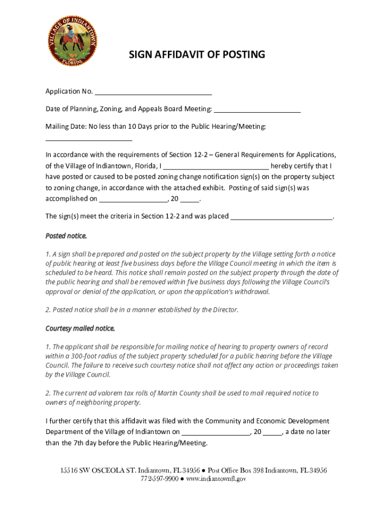 Fillable Online www.indiantownfl.govpostednoticeaffidavitSIGN AFFIDAVIT OF POSTING Fax Email ...