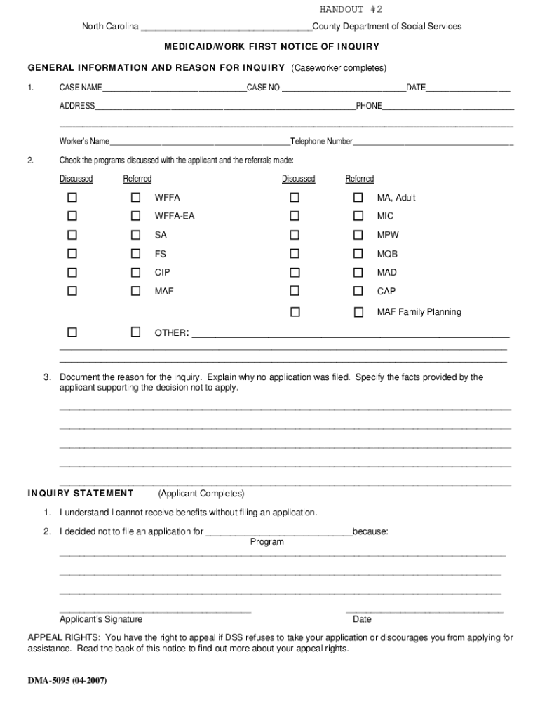 Fillable Online DMA-5095 Medicaid/Work First Notice of Inquiry ...