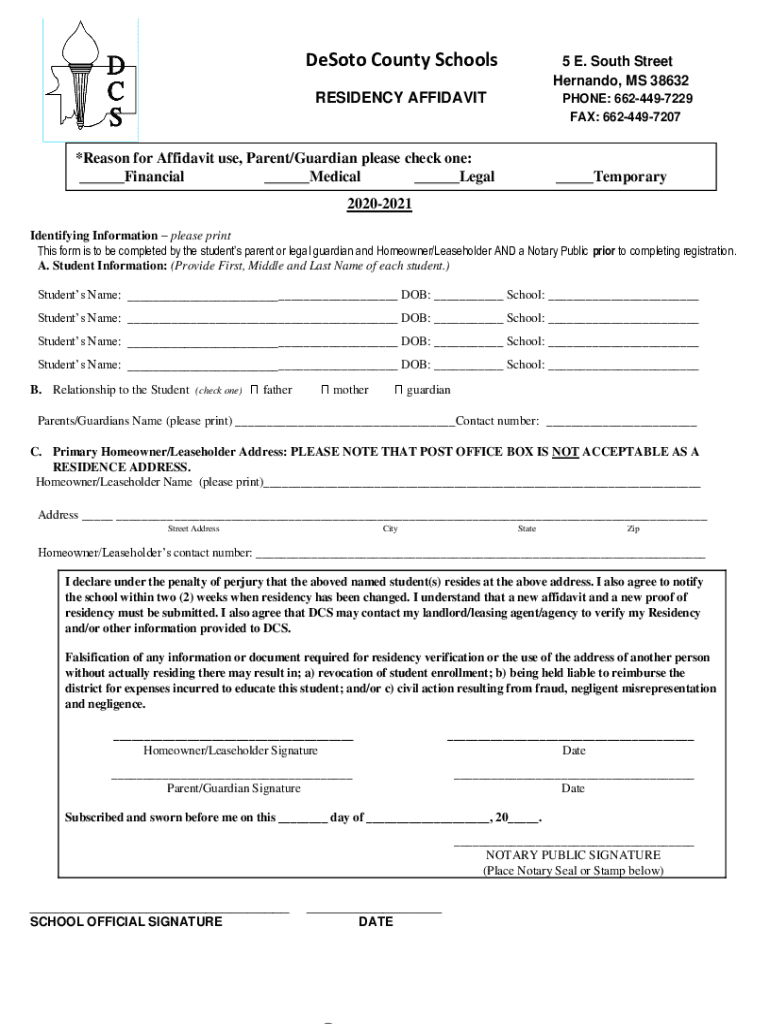Fillable Online Get Desoto County Schools Affidavit Residency - US ...