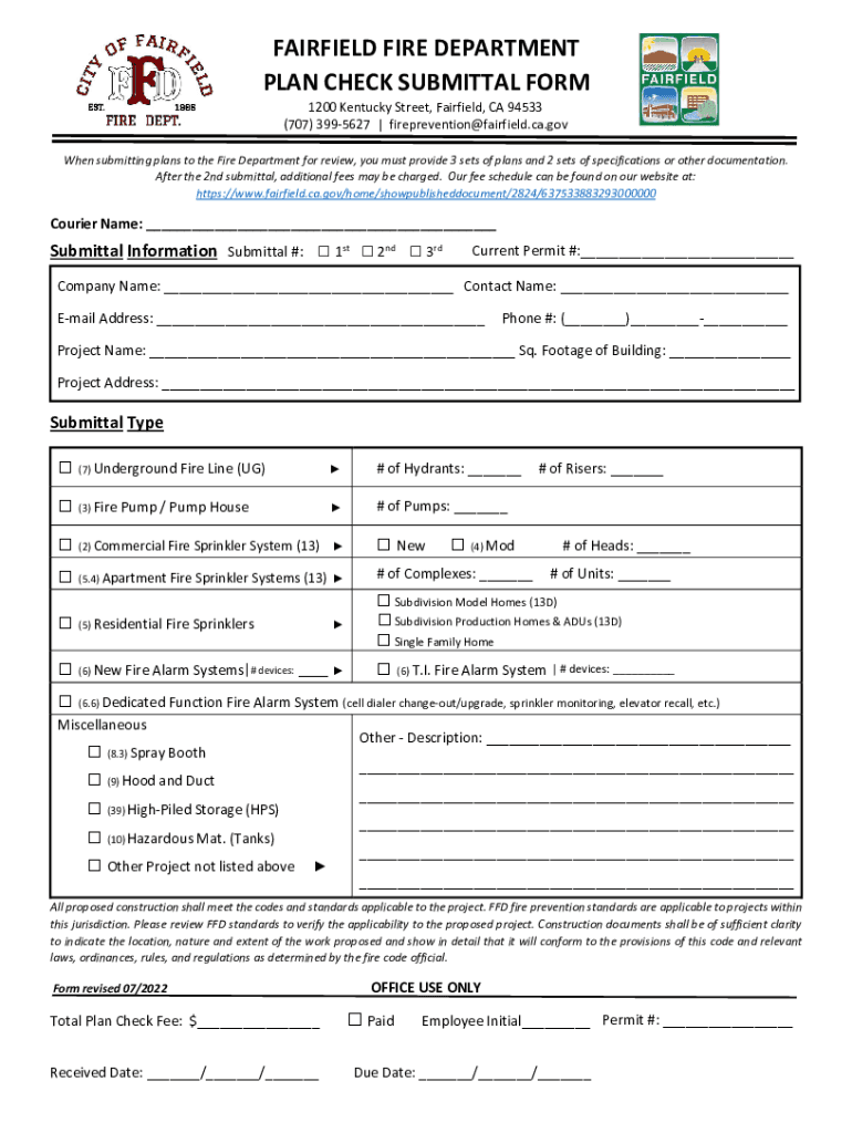 Fillable Online FAIRFIELD FIRE DEPARTMENT PLAN CHECK SUBMITTAL FORM Fax Email Print - pdfFiller