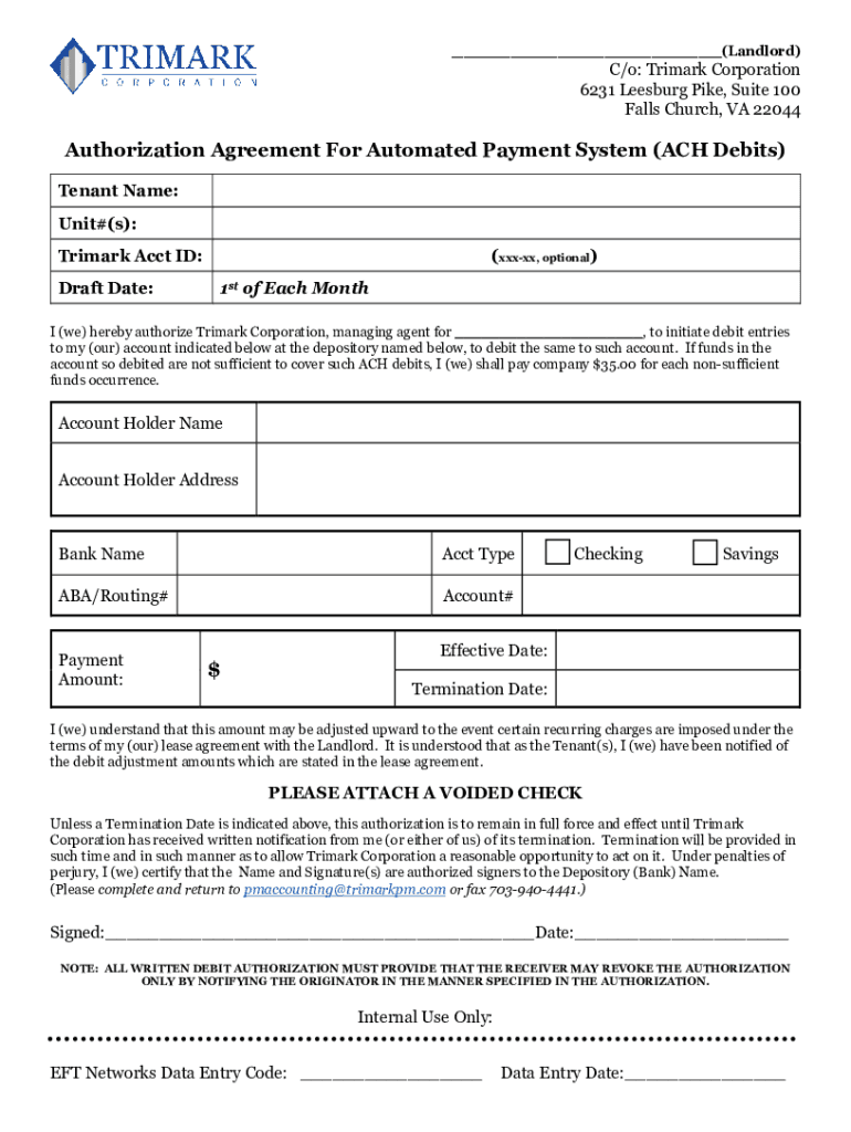 Fillable Online Authorization Agreement For Automated Payment System (ACH Debits) Fax Email ...