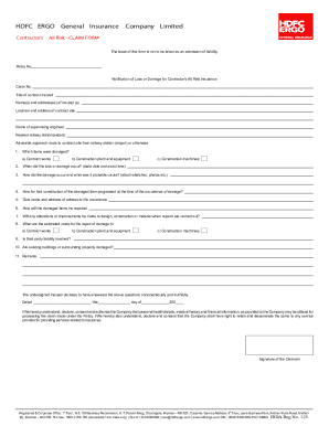 Fillable Online Contractors All Risk Insurance - Claim Form by HDFC ...