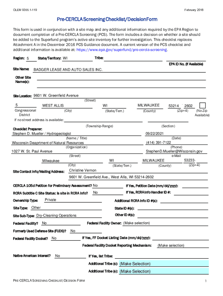 Fillable Online dnr wi Pre-CERCLA Screening Checklist/Decision Form ...