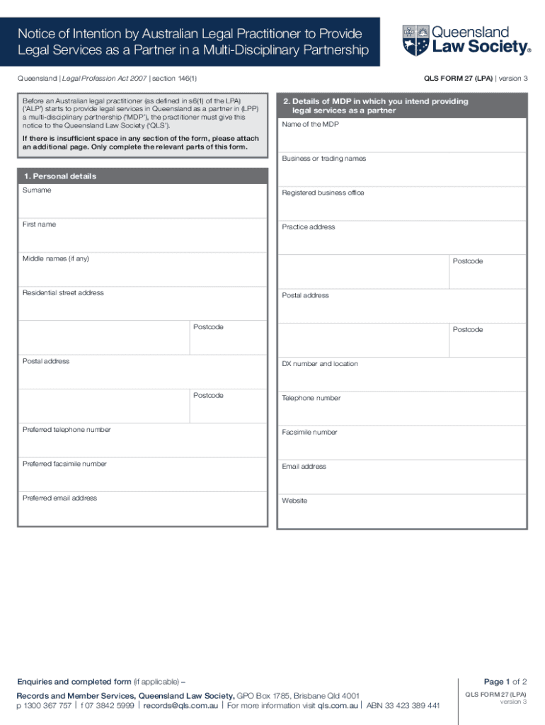 Fillable Online QLS Form 27 (LPA) version 3Notice of Intention by ...