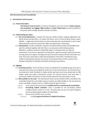 Fillable Online FNB Zambia International Travel Insurance Policy ...