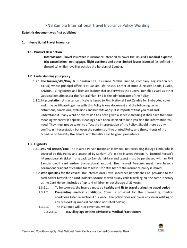 Fillable Online FNB Zambia International Travel Insurance Policy ...