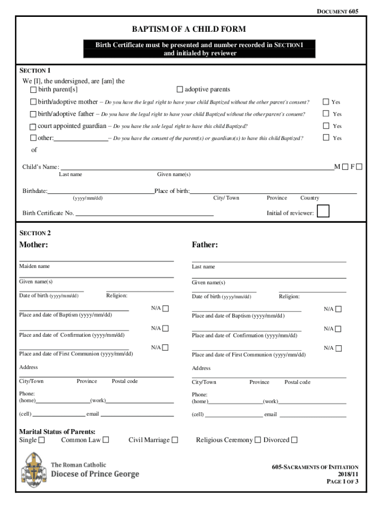 Fillable Online BAPTISM OF A CHILD FORM - Roman Catholic Diocese of Prince George Fax Email ...