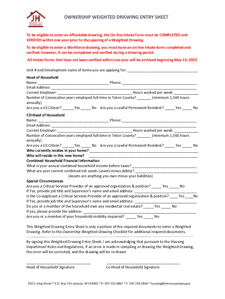 Fillable Online OWNERSHIP WEIGHTED DRAWING ENTRY SHEET Teton County ...