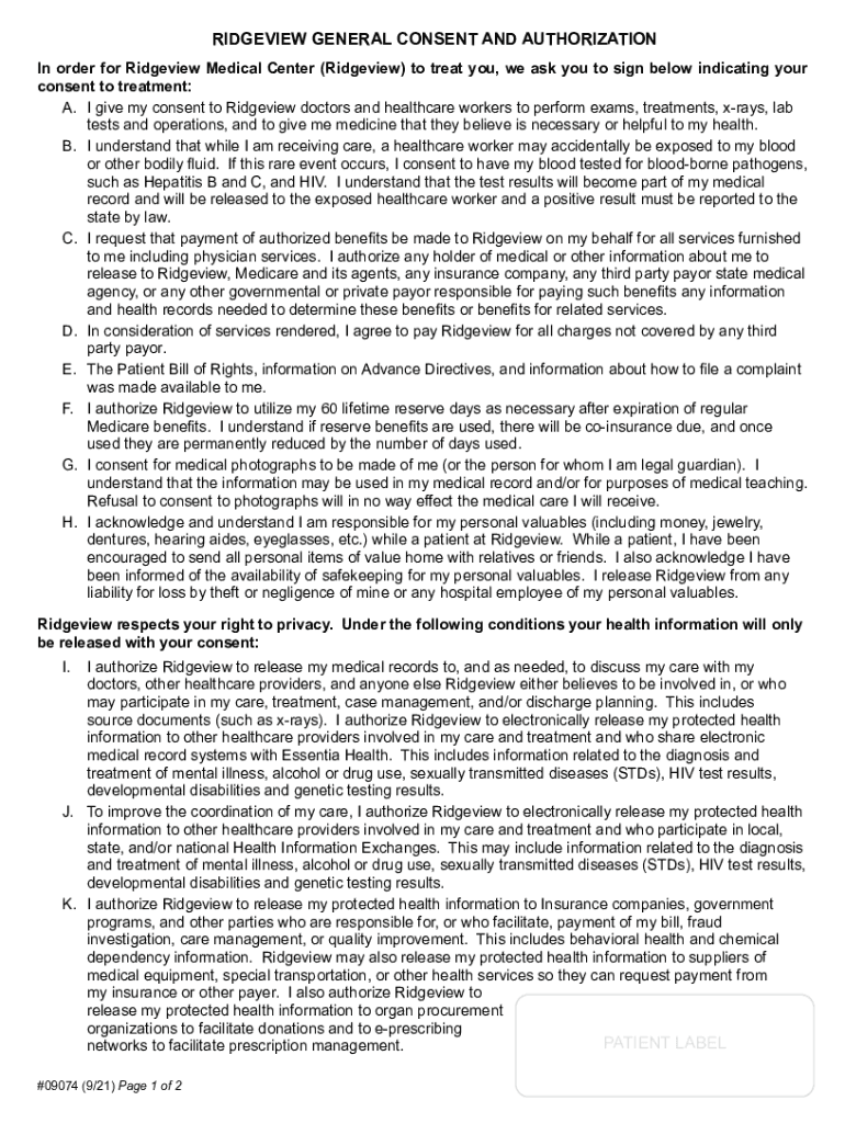 Fillable Online RIDGEVIEW GENERAL CONSENT AND AUTHORIZATION - Western ...
