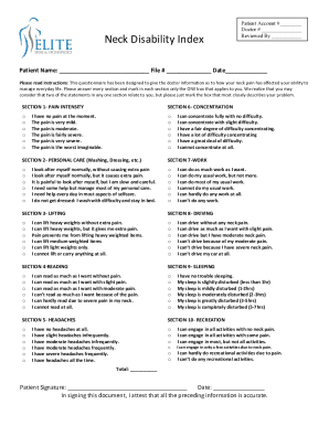Fillable Online Neck Disability Index Updated 092320 - Elite Spine ...