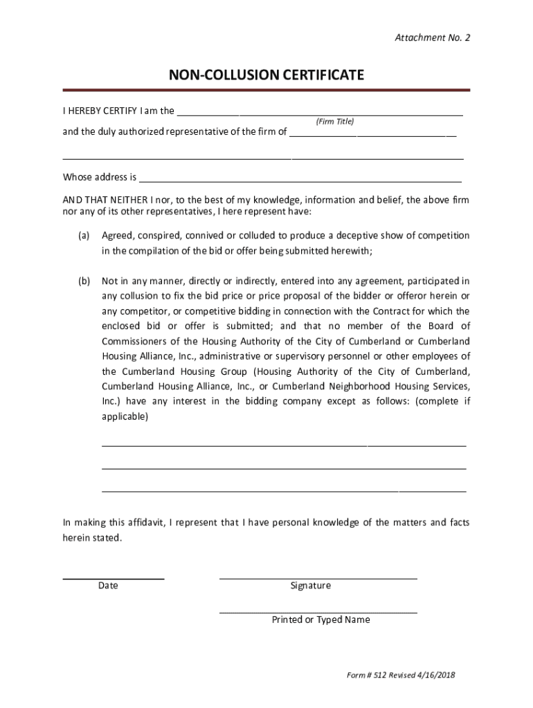 Fillable Online what is a non-collusion certificate - pdfFiller Fax ...