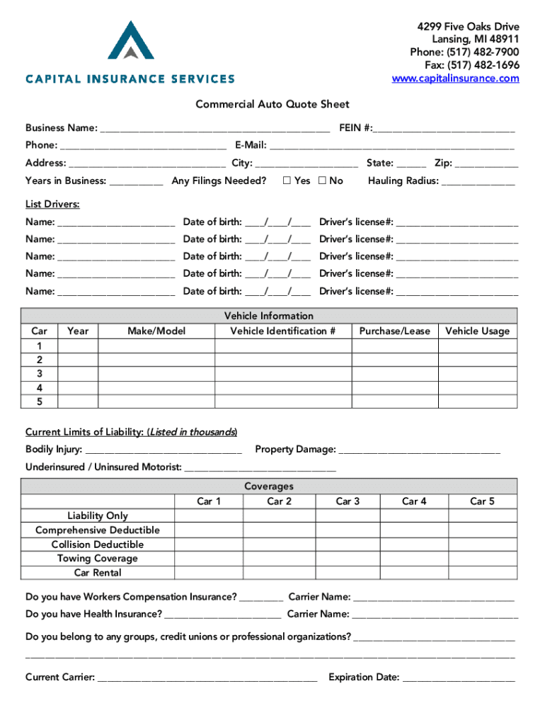 Fillable Online Commercial Auto Quote Sheet Fax Email Print - pdfFiller