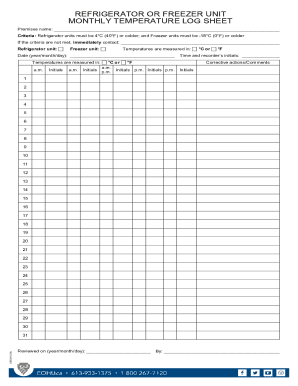 Fillable Online Refrigerator Or Freezer Unit Monthly Temperature Log ...