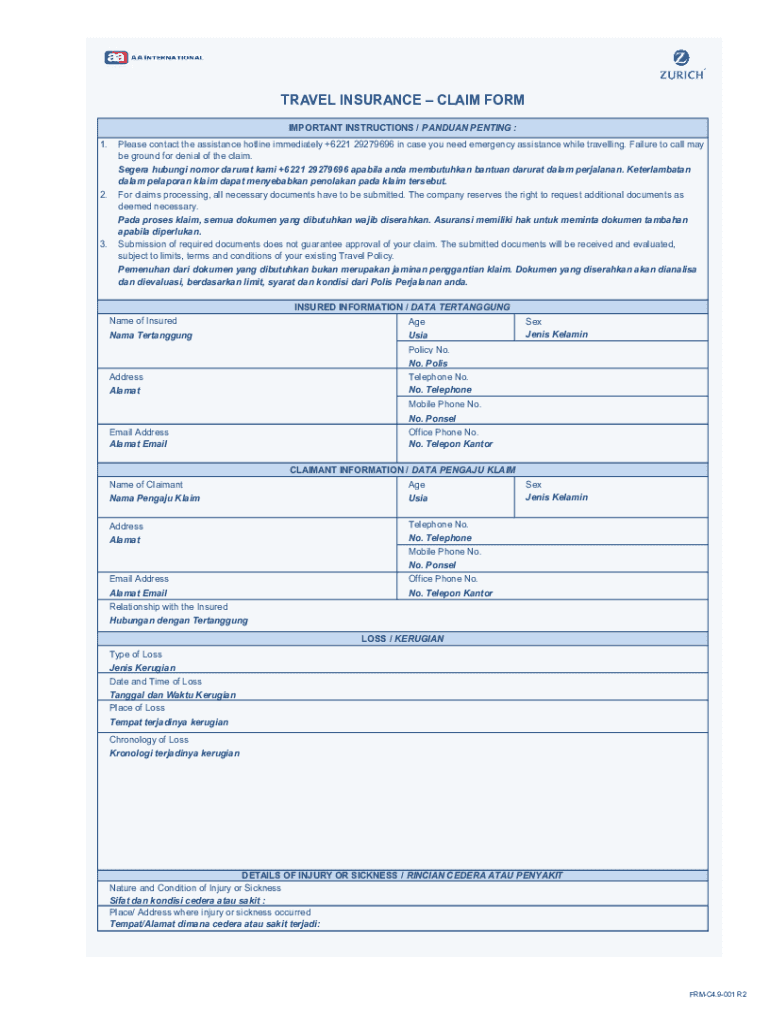 Fillable Online FRM-C4.9-001 R2 Form Travel Insurance ClaimFinal.xlsx ...
