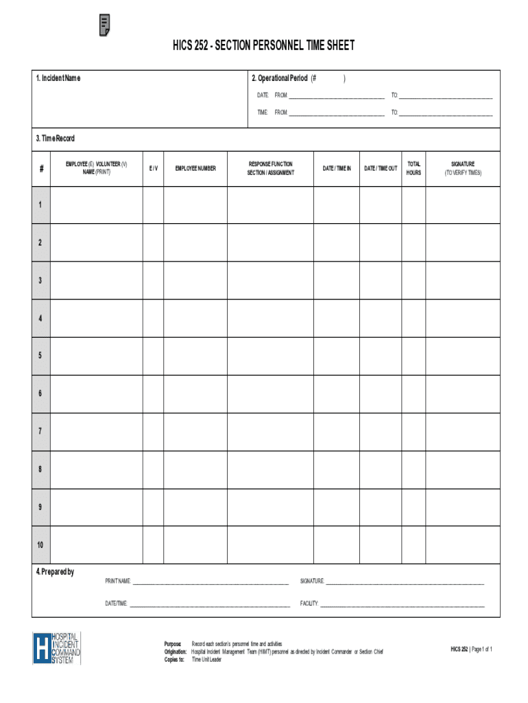 Fillable Online cha.comwp-contentuploadsHICS 252-Section Personnel Time ...