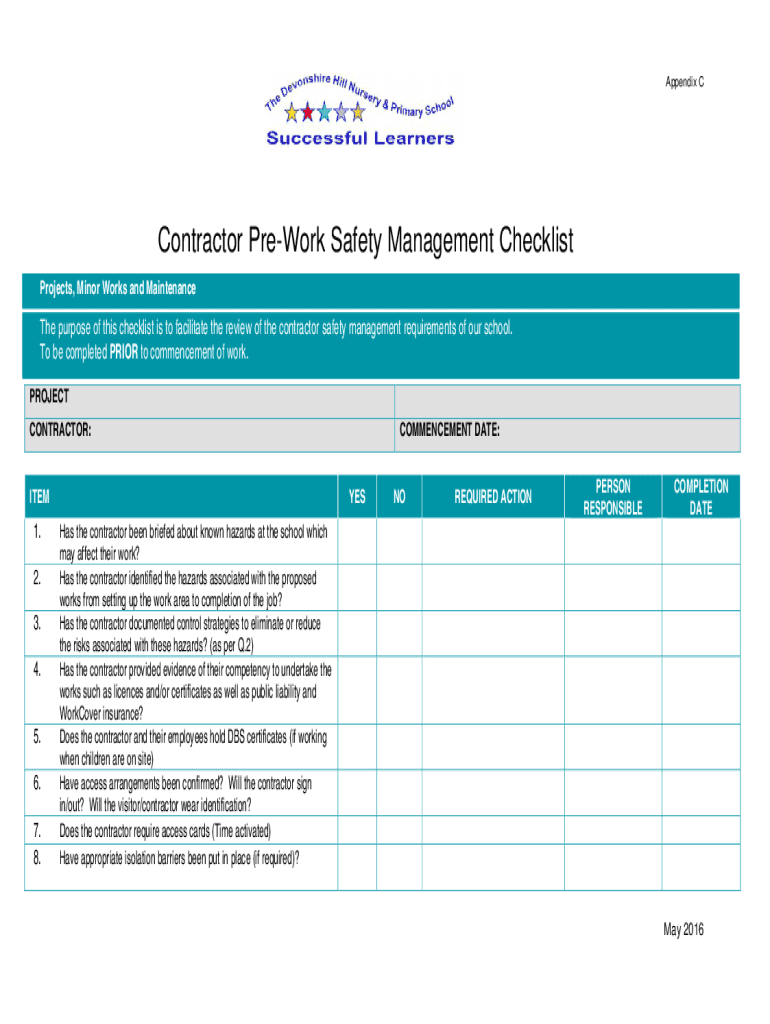 Fillable Online Contractor Management Checklist. This form is to be ...