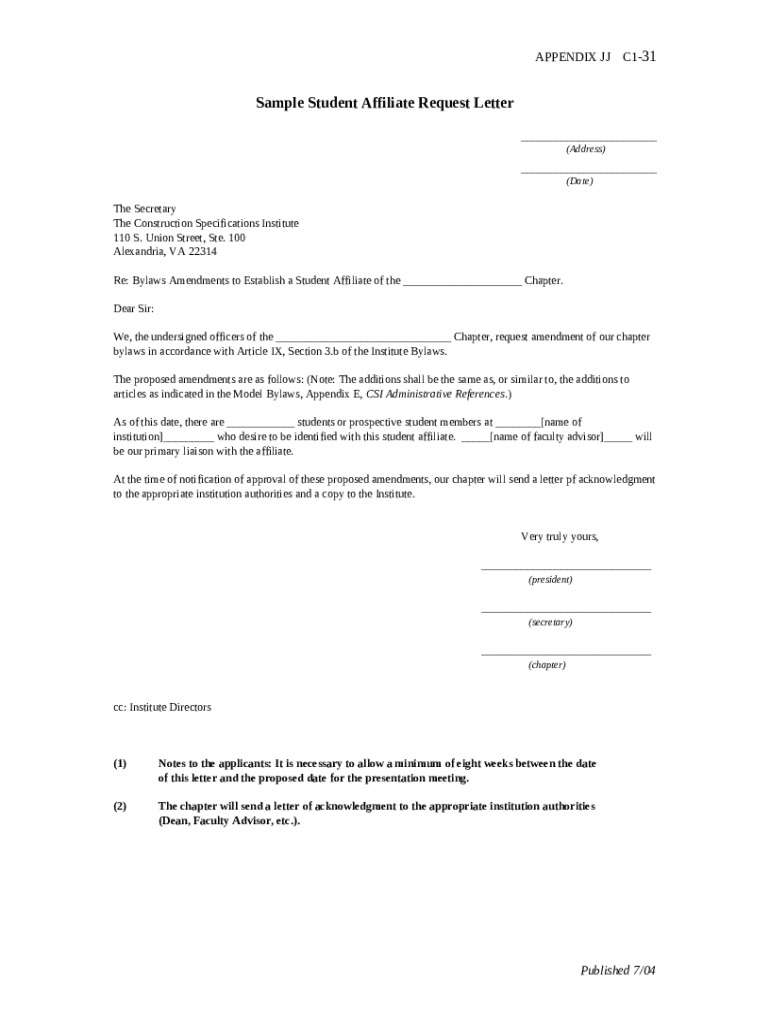 Sample Student Affiliate Request Letter Doc Template | pdfFiller