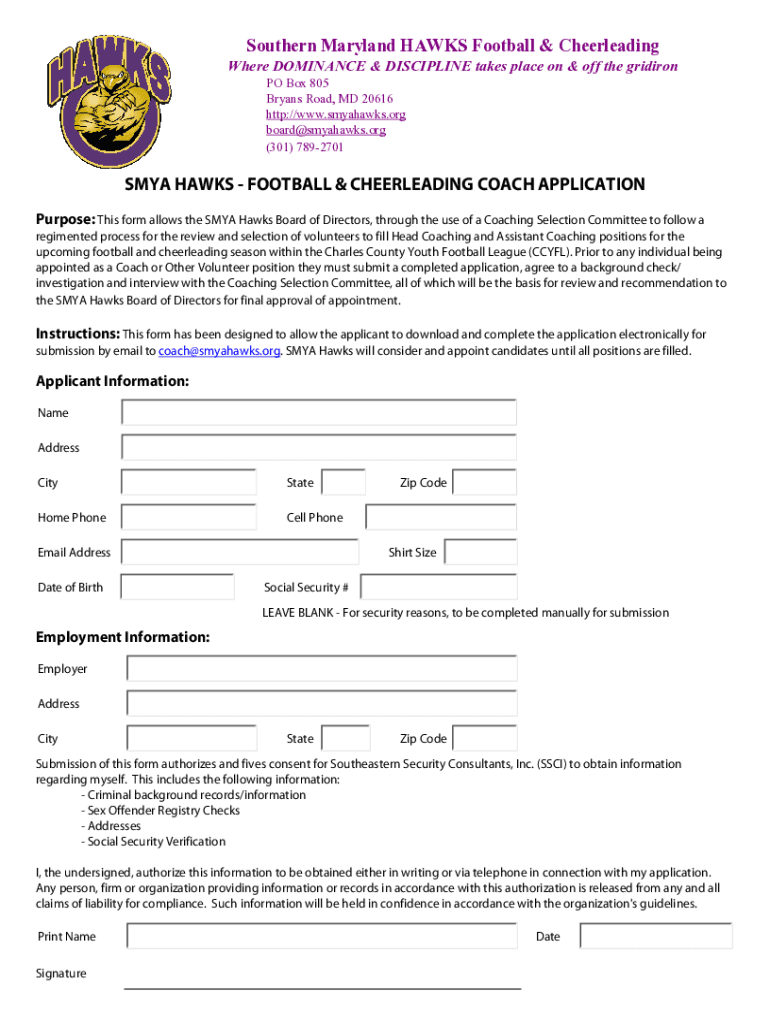 Fillable Online SMYA HAWKS - FOOTBALL & CHEERLEADING COACH APPLICATION ...