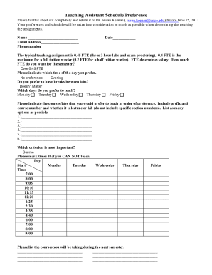 Fillable Online Teaching Assistant Schedule Preference Fax Email Print - pdfFiller