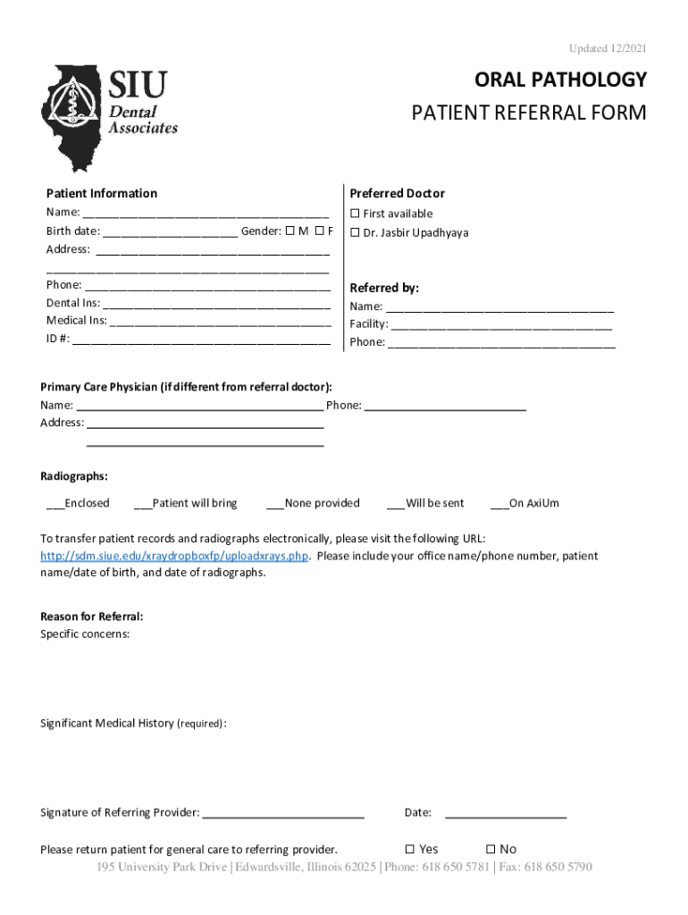 Fillable Online ORAL PATHOLOGY PATIENT REFERRAL FORM - SIUE Fax Email ...