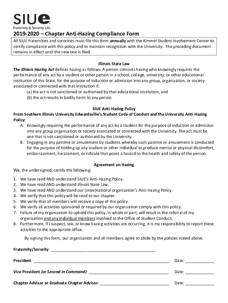 Fillable Online 2019-2020 Chapter Anti-Hazing Compliance Form - SIUE ...