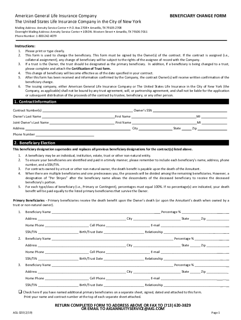 Fillable Online Beneficiary Change Form AGL 020 (OASys) 2.19 Indirect ...