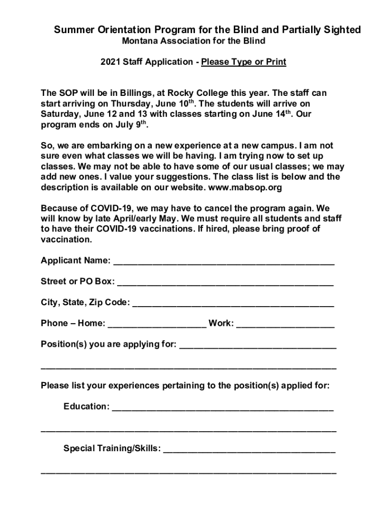 Fillable Online Summer Orientation Program for the Blind and Partially ...