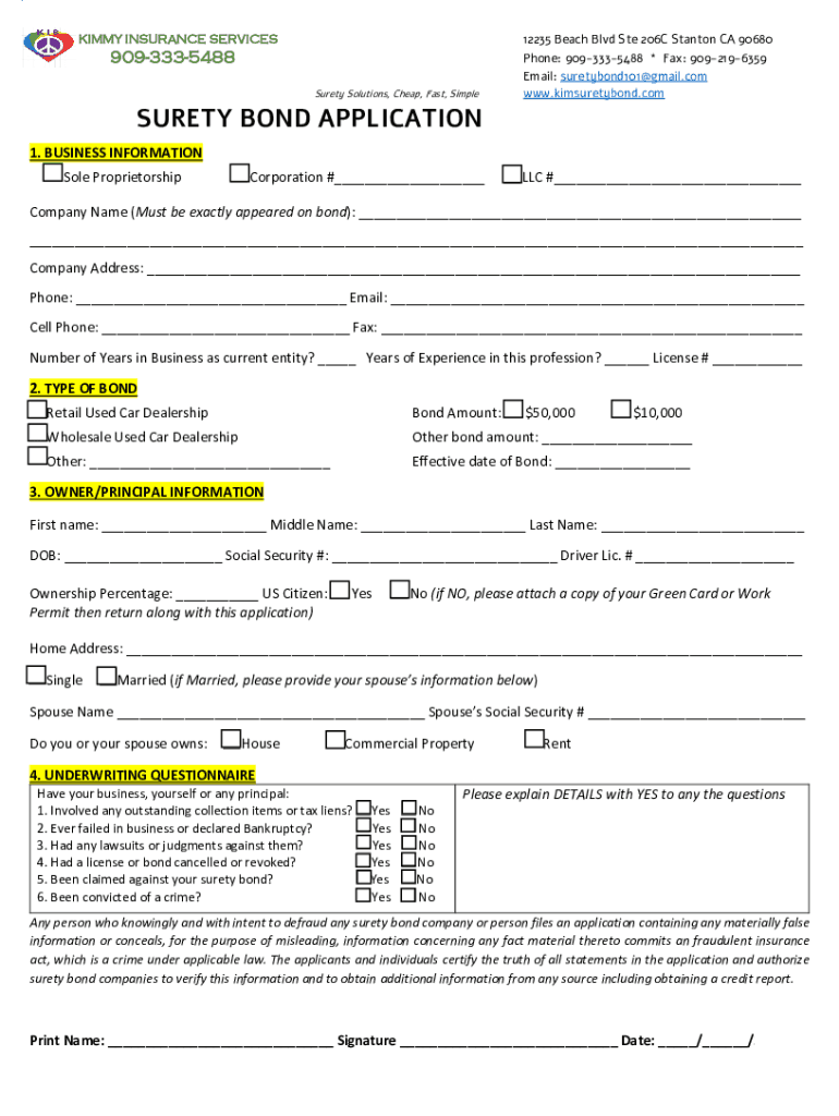 Fillable Online SURETY BOND APPLICATION Fax Email Print - pdfFiller