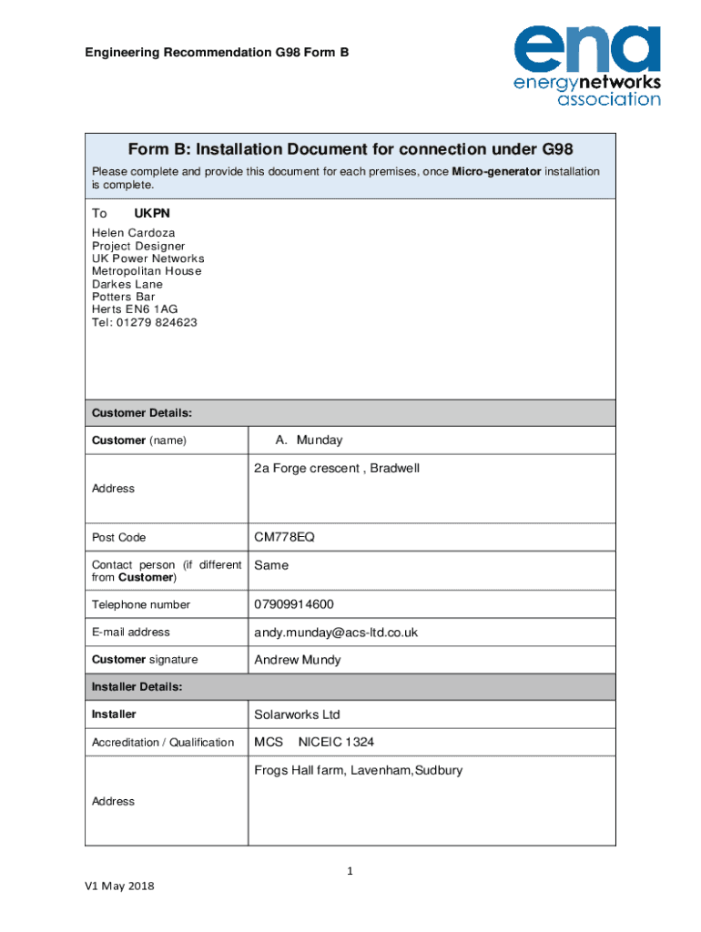 Fillable Online Form B: Installation Document for connection under G98 ...