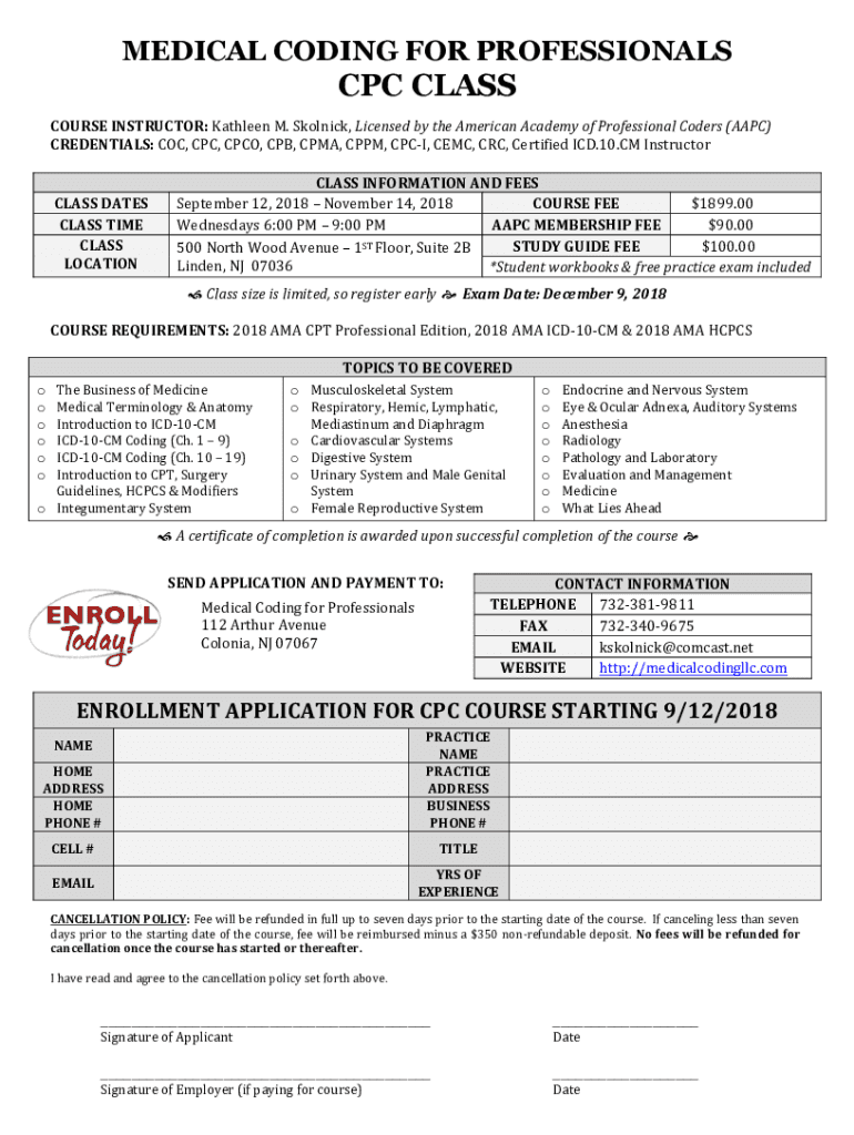 Fillable Online MEDICAL CODING FOR PROFESSIONALS CPC CLASS Fax Email ...