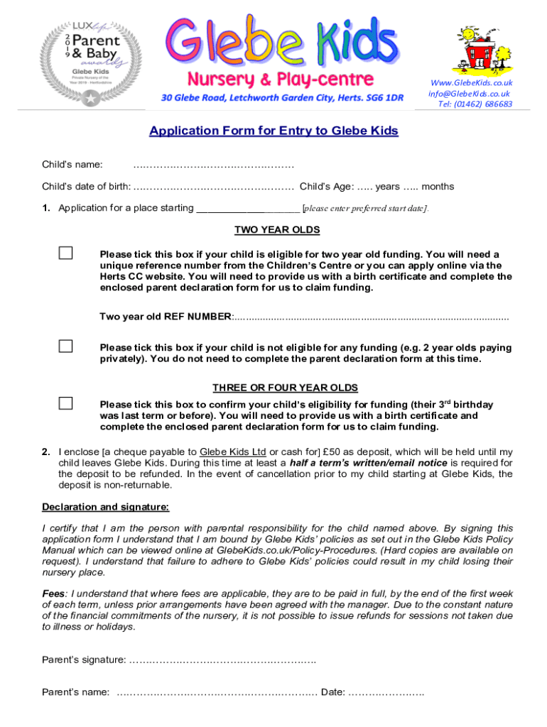 Fillable Online Glebe Kids Application Forms 2 year old NEW breakfast ...
