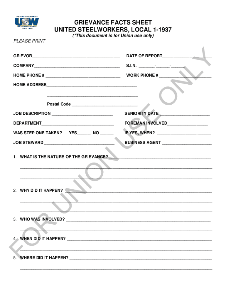 Fillable Online Fillable Online GRIEVANCE FACTS SHEET UNITED ...
