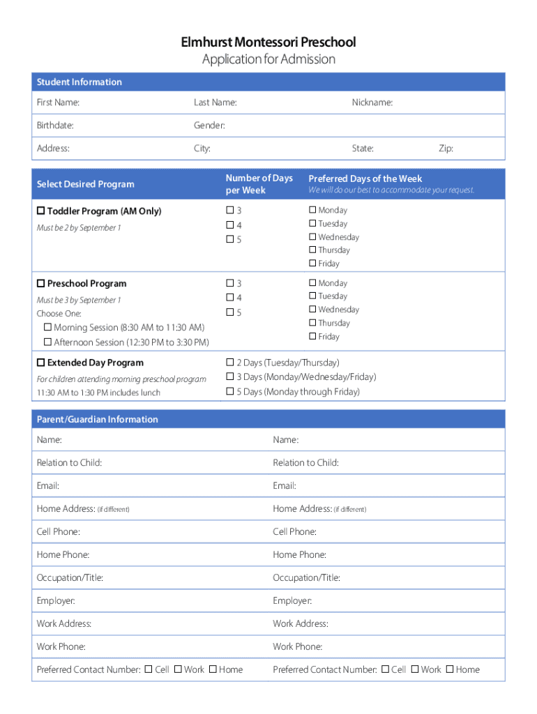 Fillable Online Elmhurst Montessori Preschool Application for Admission ...