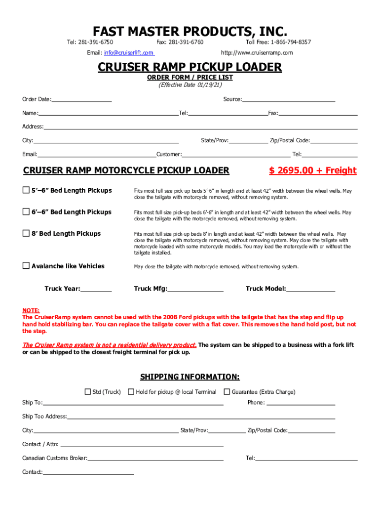 Fillable Online fast master products, inc. - cruiser ramp pickup loader ...