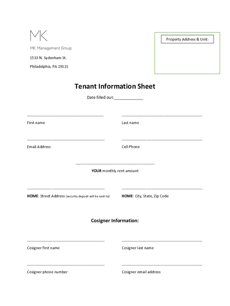 Fillable Online Tenant Information Sheet Fax Email Print - pdfFiller