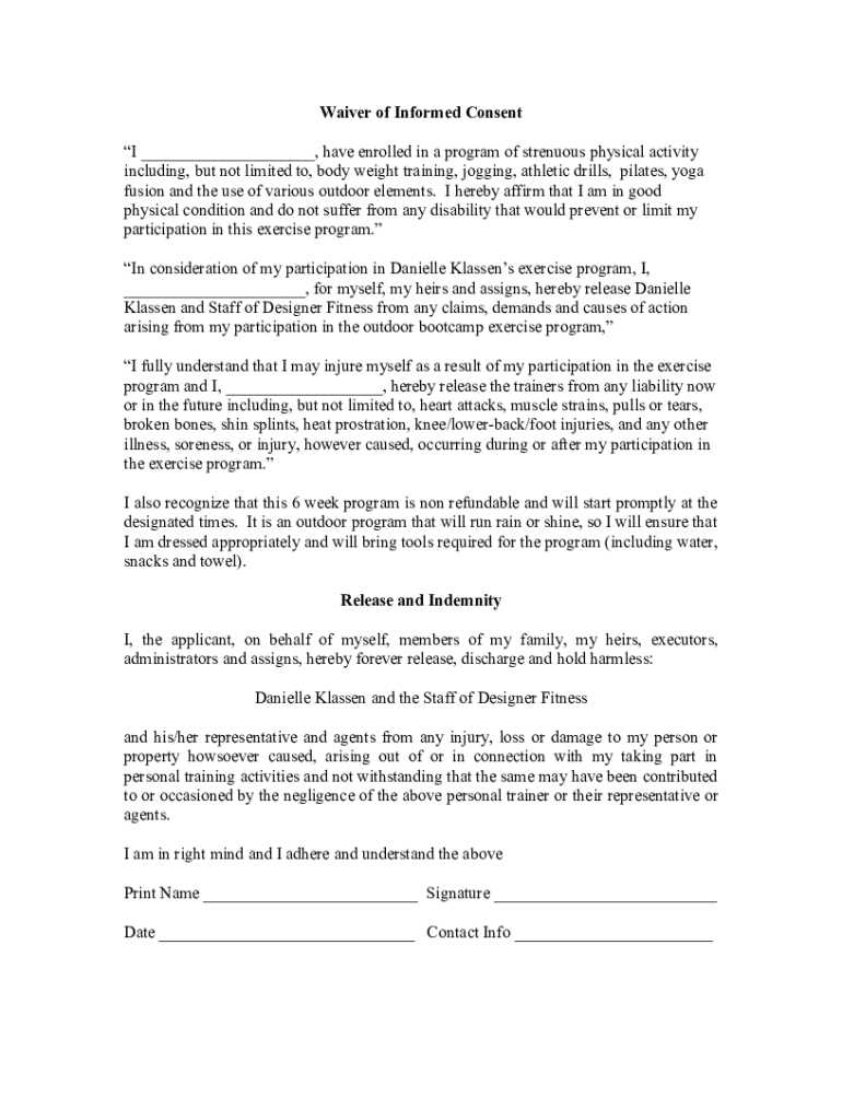 Fillable Online Health & Fitness Liability Waiver / Informed Consent ...