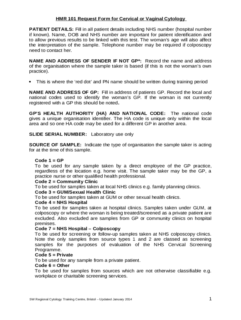 HMR 101 Request for Cervical or Vaginal Cytology Doc Template | pdfFiller